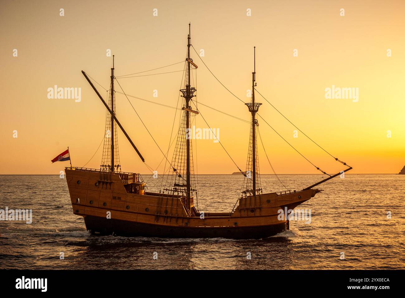Old Medieval Sailing Ship on the Open Sea at Sunset, Capturing Maritime ...