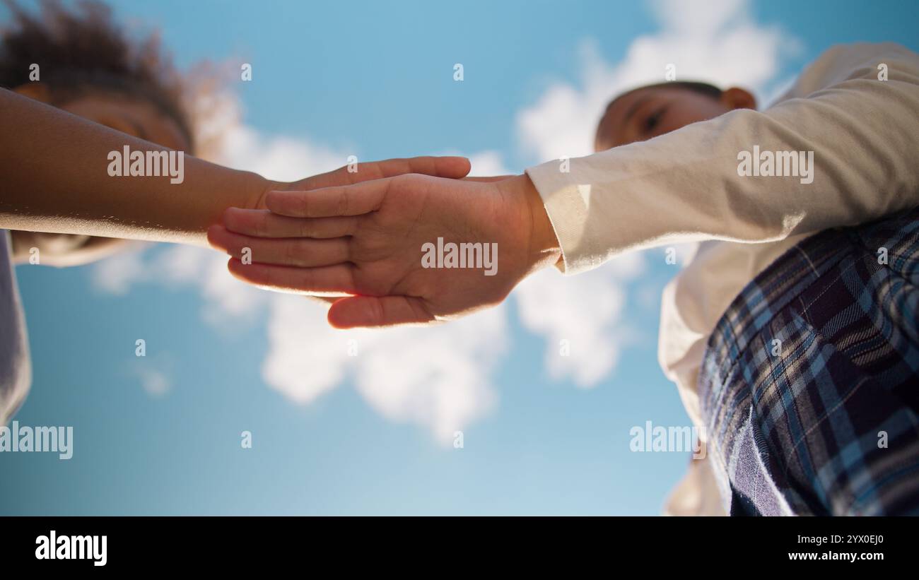 Bottom view two schoolgirls friends little girls school students ...