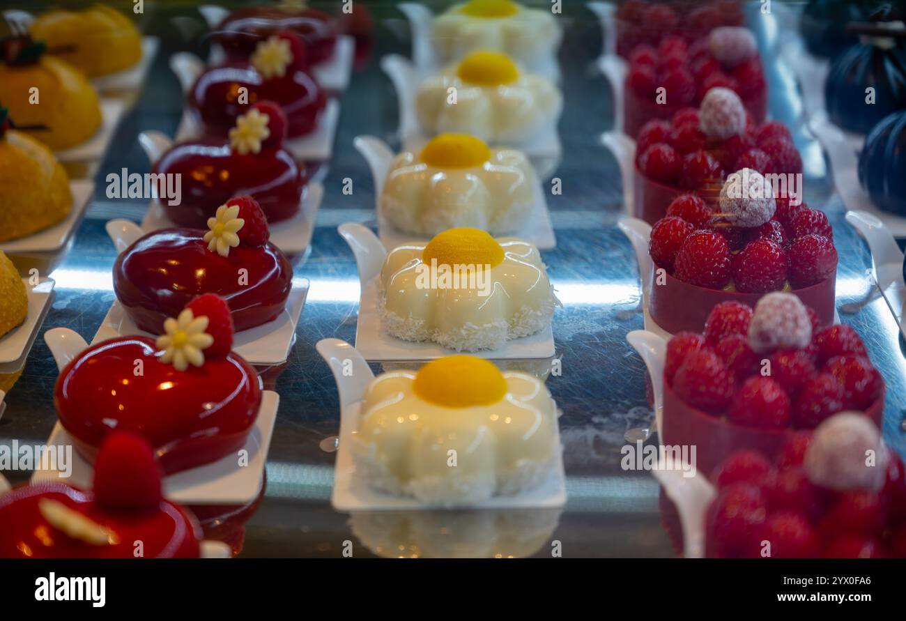 Italian sweet dessert dolce pastry and cakes with cream and fruits on ...