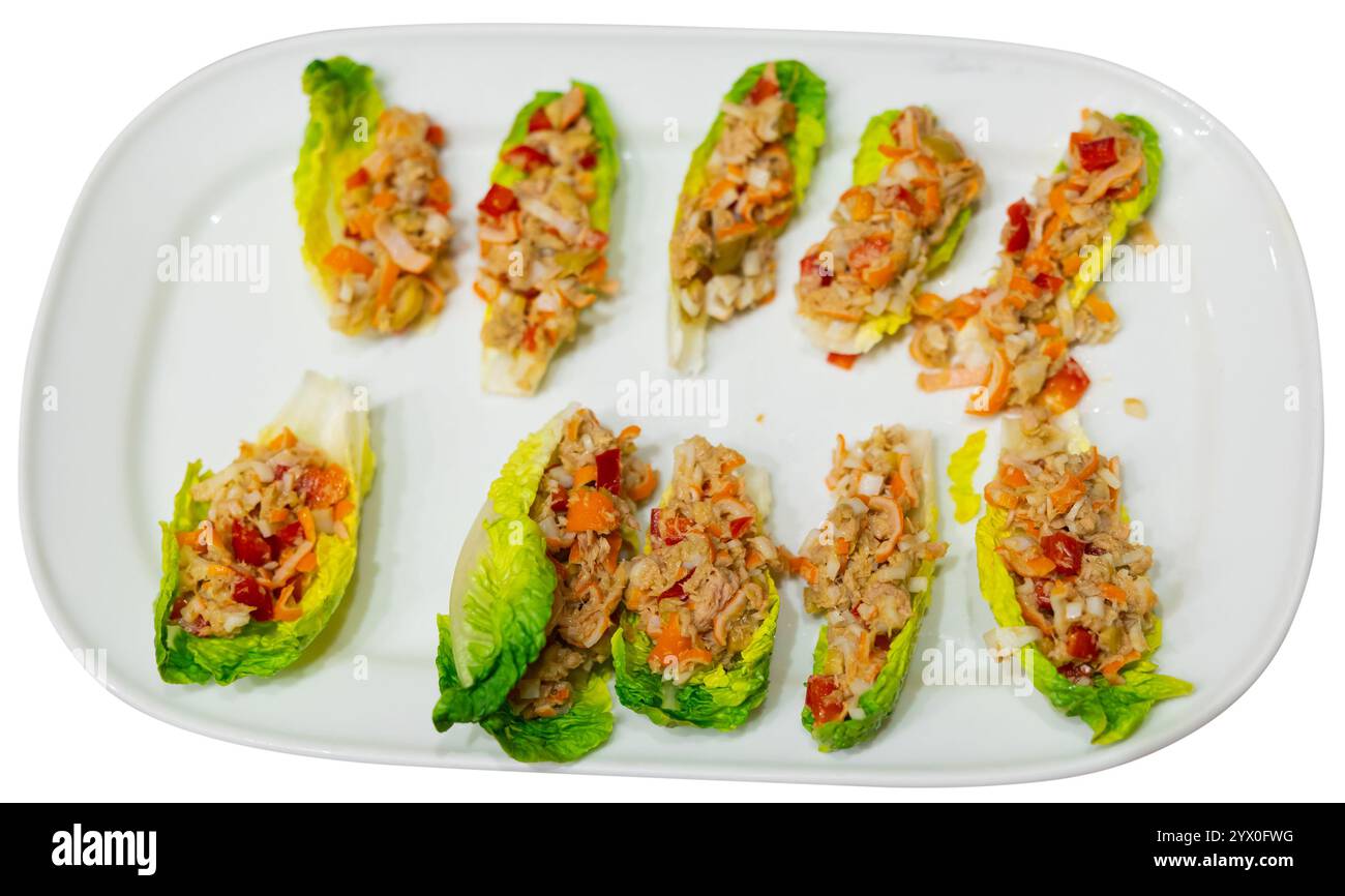 Tuna and vegetables in lettuce leaf Stock Photo - Alamy