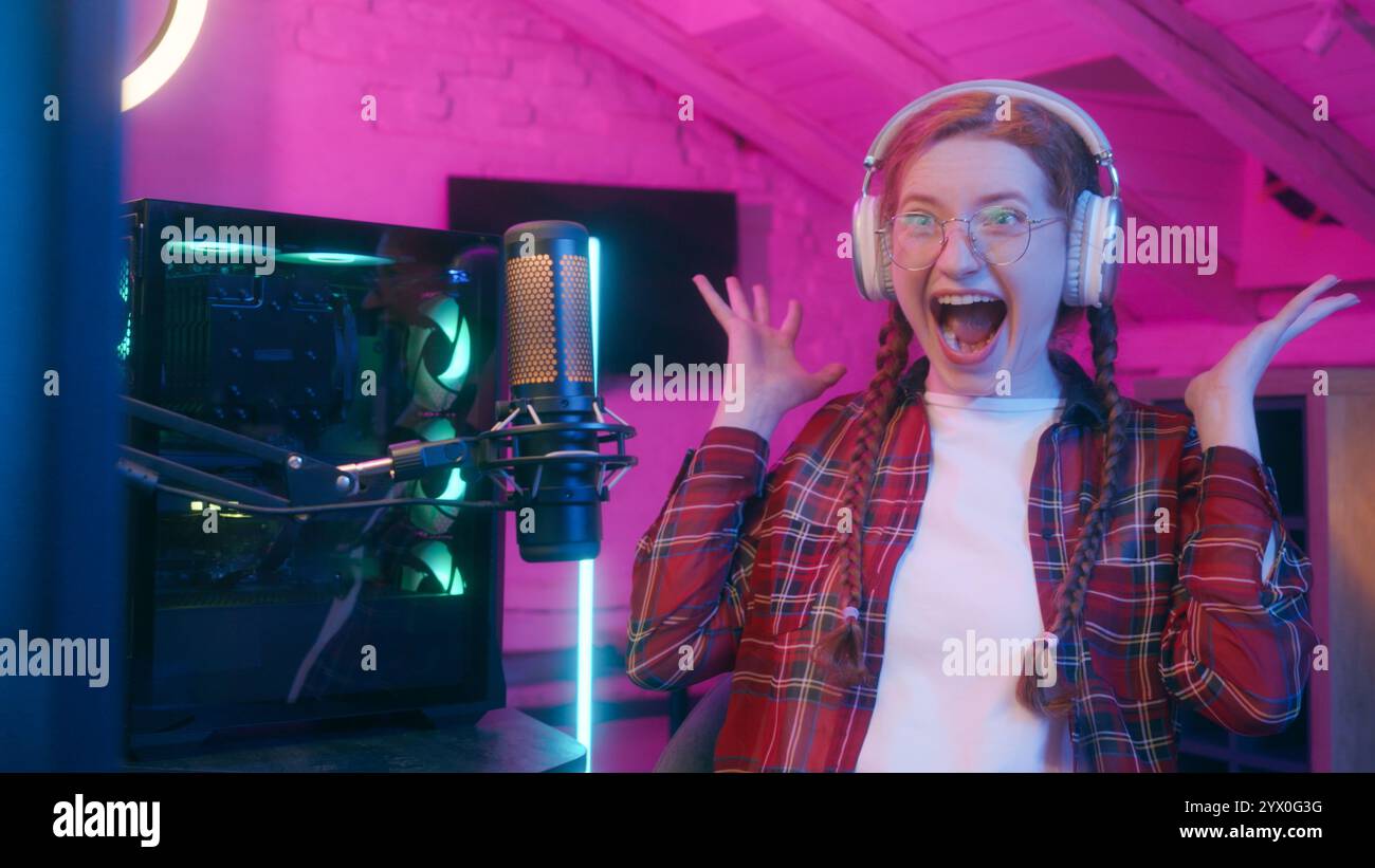 Happy girl teen Caucasian woman female blogger vlogger influencer radio ...