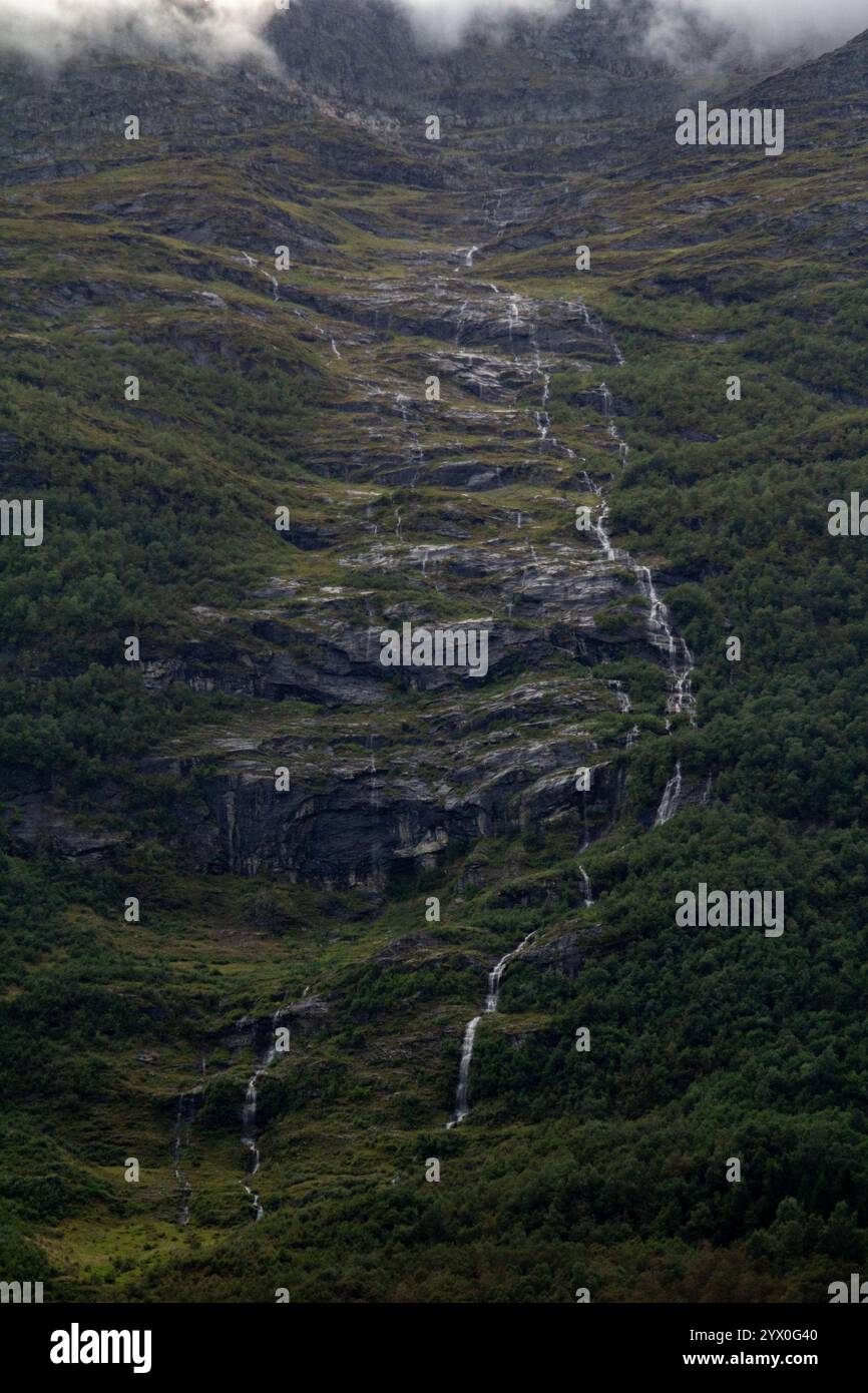 A close-up shot of a waterfall, where the cascading water crashes ...
