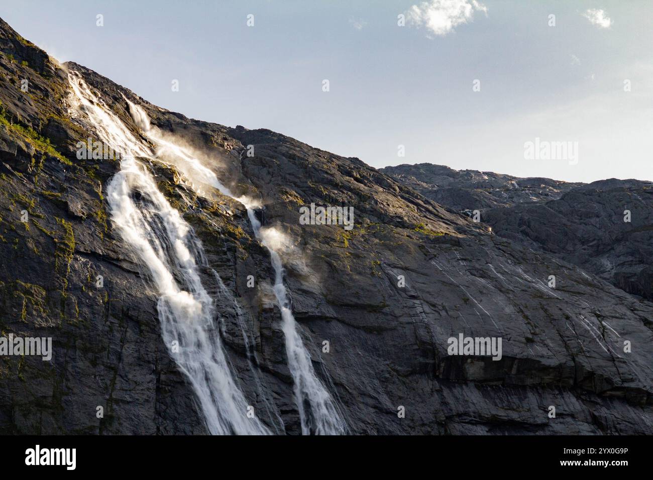 A close-up shot of a waterfall, where the cascading water crashes ...