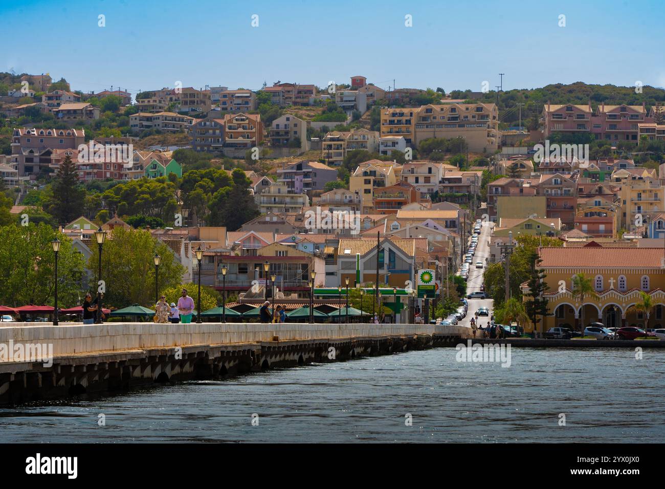View of Drapano Bridge, aka Bosset Bridge, across the bay in Argostoli ...