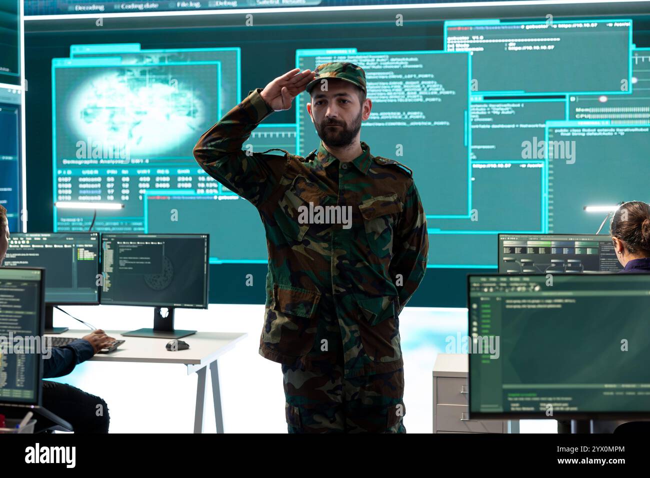 Army soldier showing the respectful military salute in government high ...