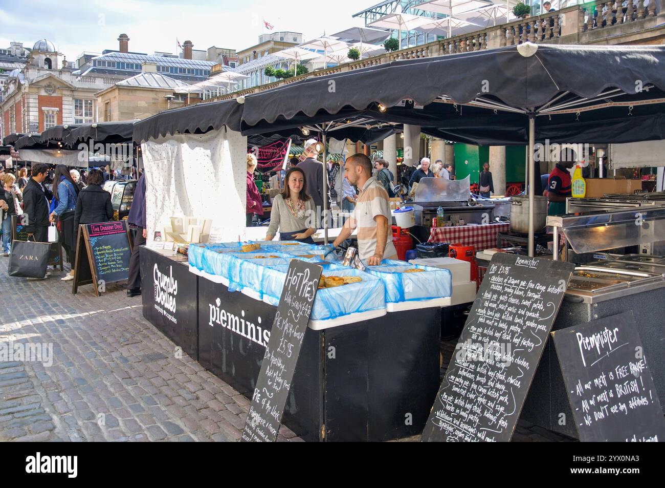Pieminster pie stall in Piazza food market, Covent Garden, City of ...