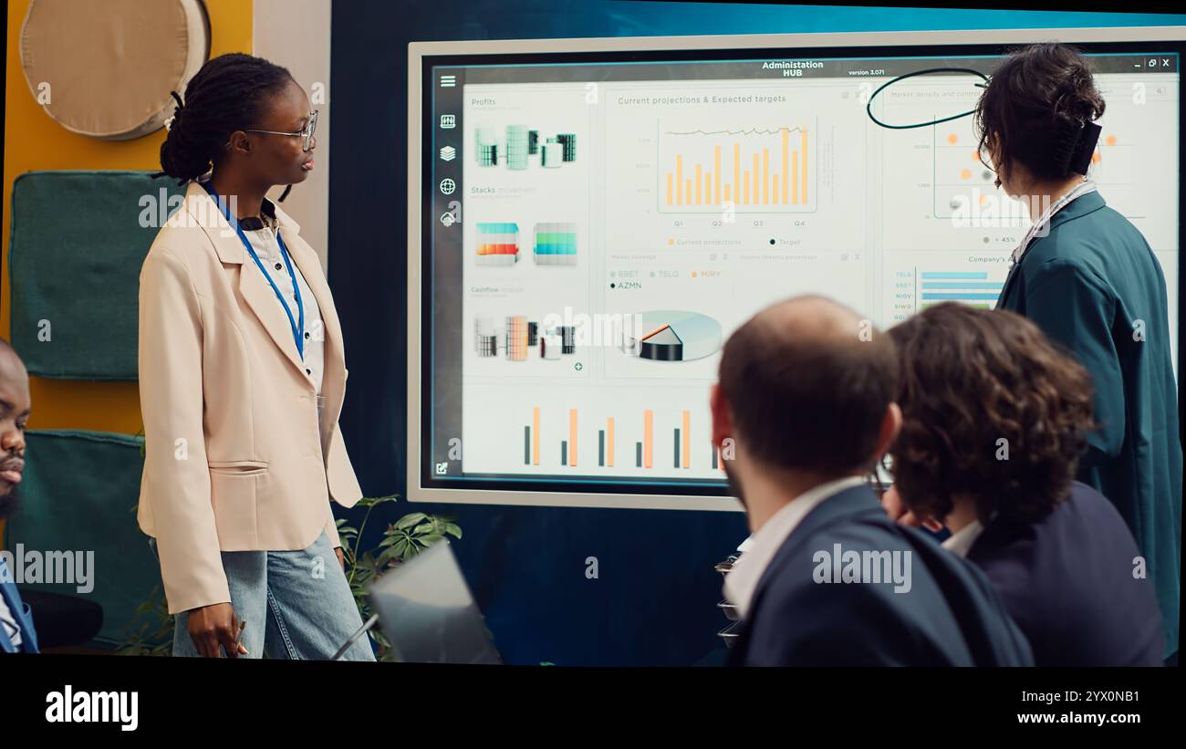 Marketing and PR team meeting to analyze infographics in conference ...