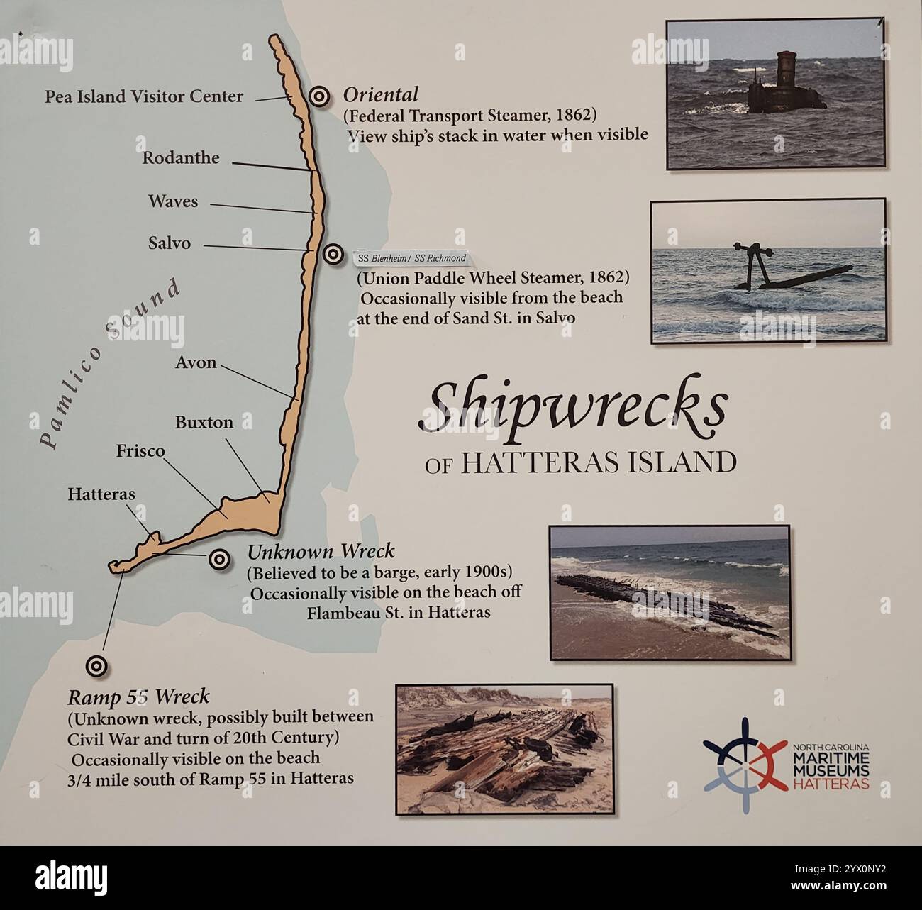 Map displaying the shipwrecks of Hatteras Island on display at the ...