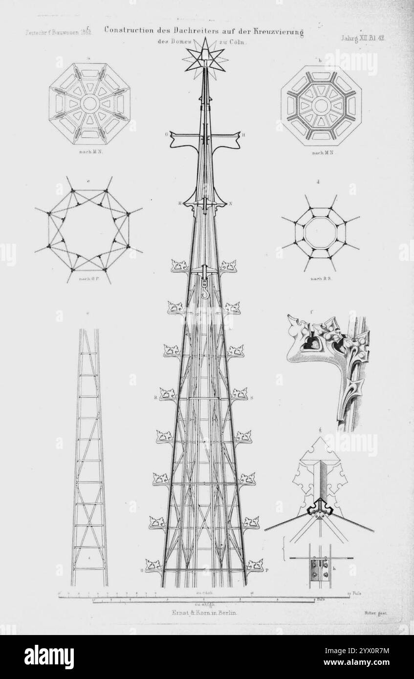 Cologne Cathedral, Crossing Tower, cutaway drawing of tip with details ...