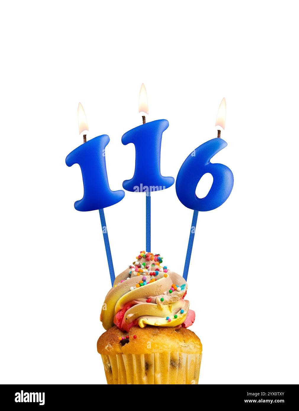 Candle in shape of the number 116 - Blue birthday on a white background ...