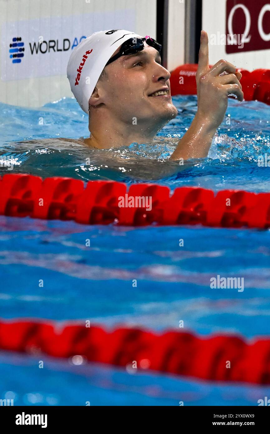 Kacper Stokowski of Poland reacts after competing in the 50m Backstroke ...