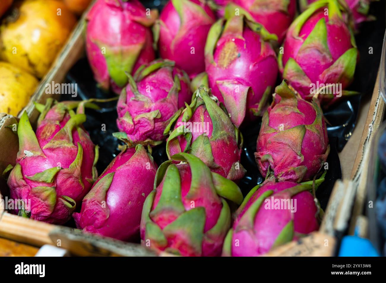 Fresh pitaya fruit on grocery store counter Stock Photo - Alamy