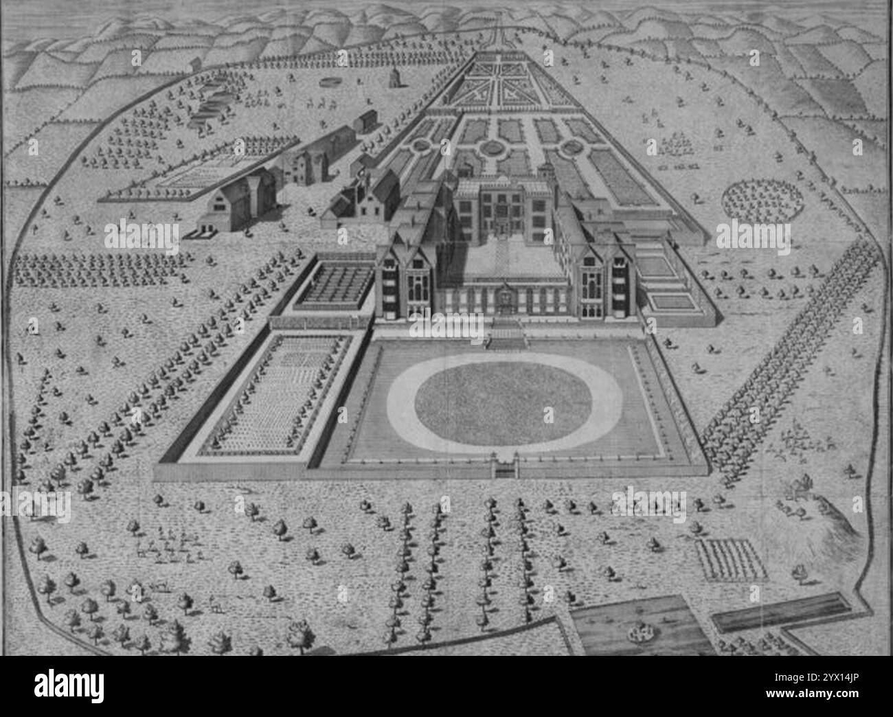 Copped Hall Essex, Tudor house aerial view drawing Stock Photo - Alamy