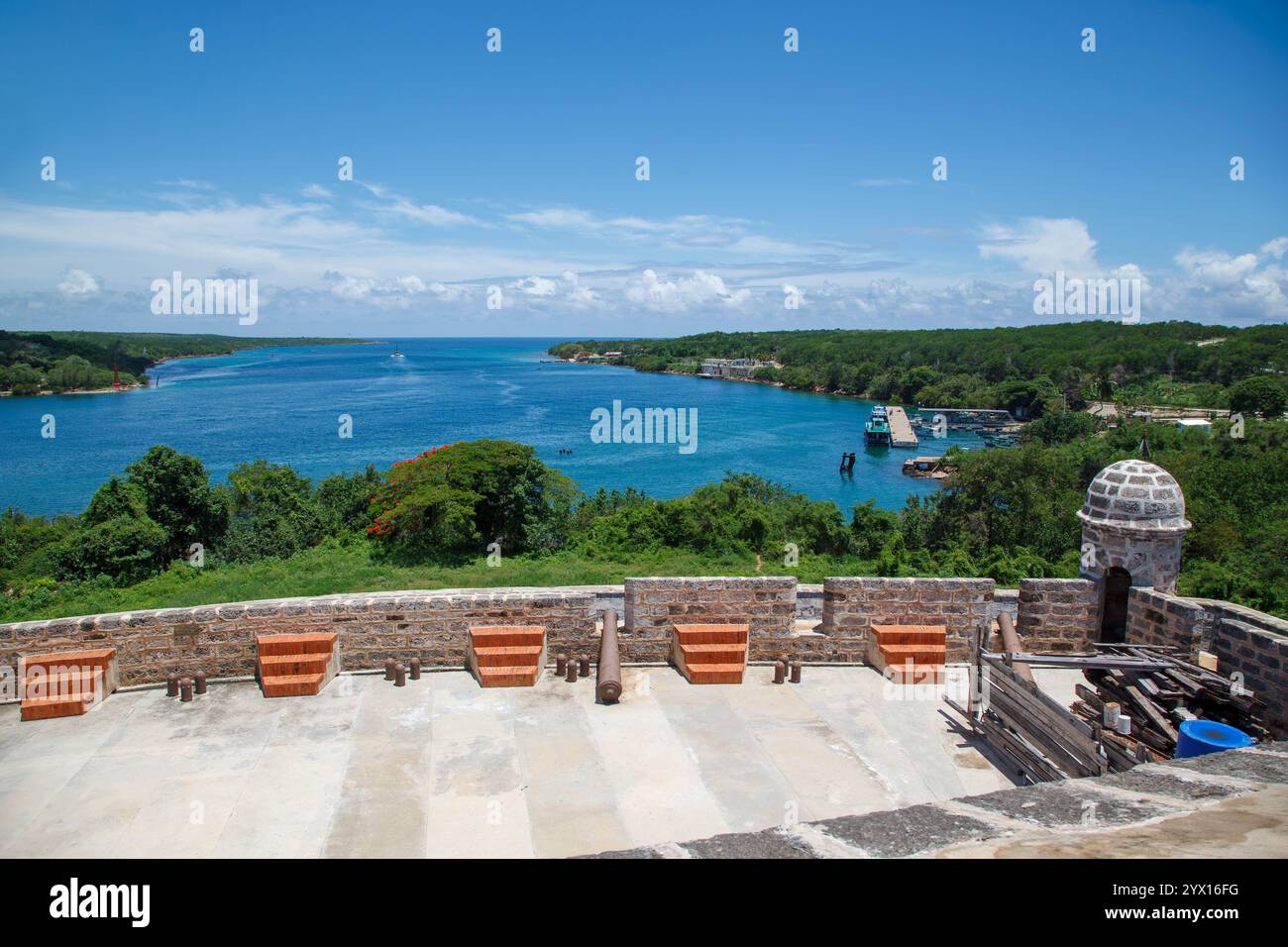 The Bahia de Cienfuegos bay view from Castillo de Jagua, a turret ...