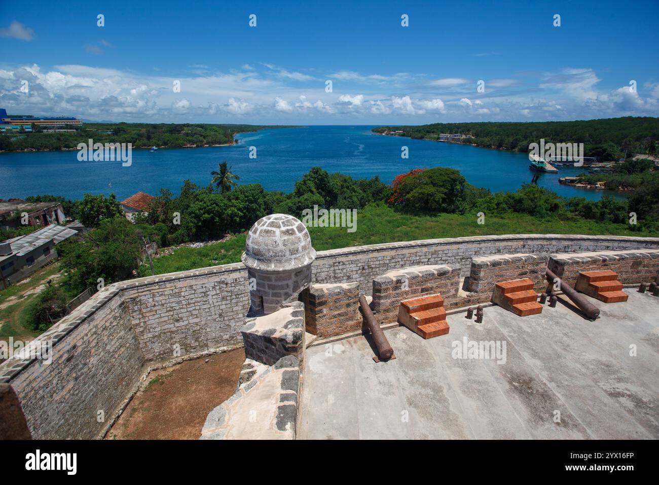 The Bahia de Cienfuegos bay view from Castillo de Jagua, a turret ...