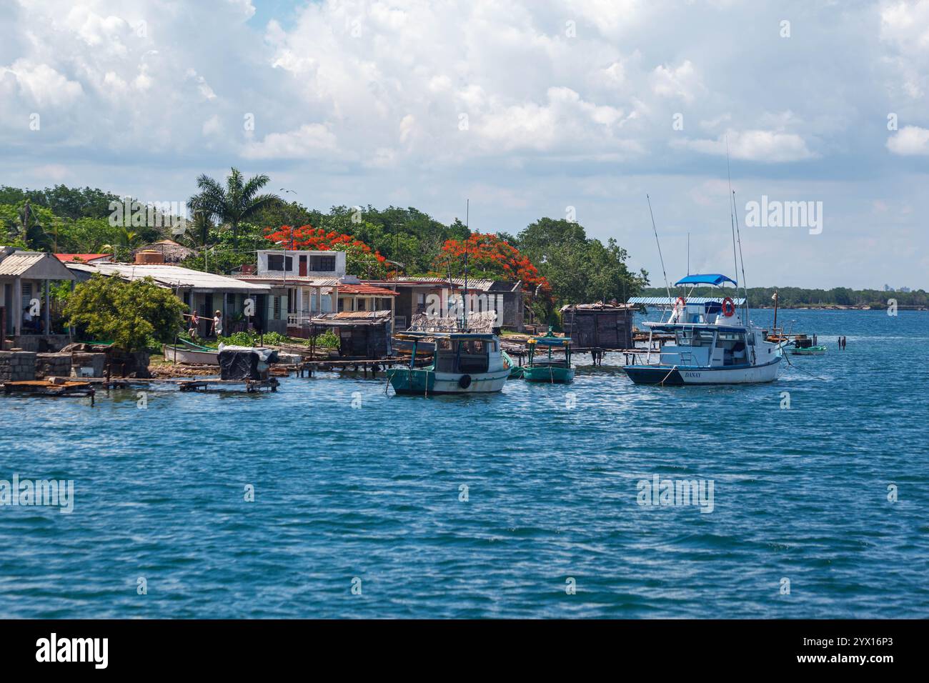 Fishing boats anchored at a small village in Bahia de Cienfuegos bay ...