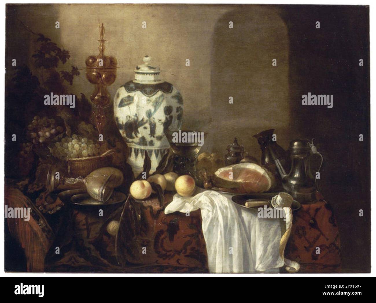 Cornelis Kruys - Still life with Ming vase, two goblets, pewter vessels ...