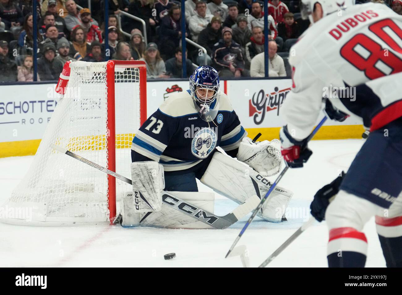 Columbus Blue Jackets goaltender Jet Greaves (73) blocks a shot by ...