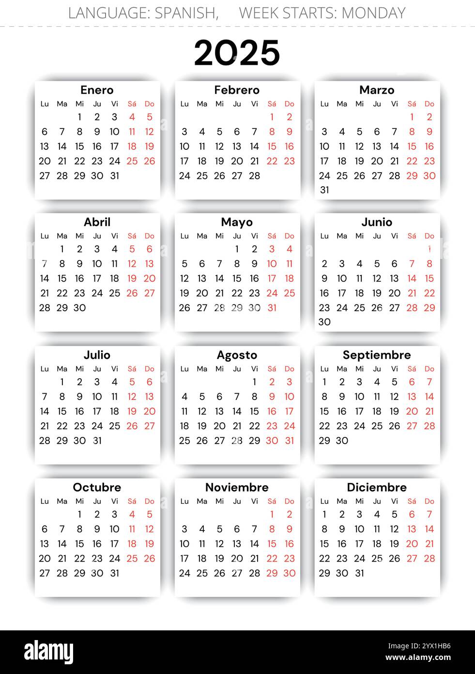 Spanish 2025 year annual business calendar for 12 months. Modern vector ...