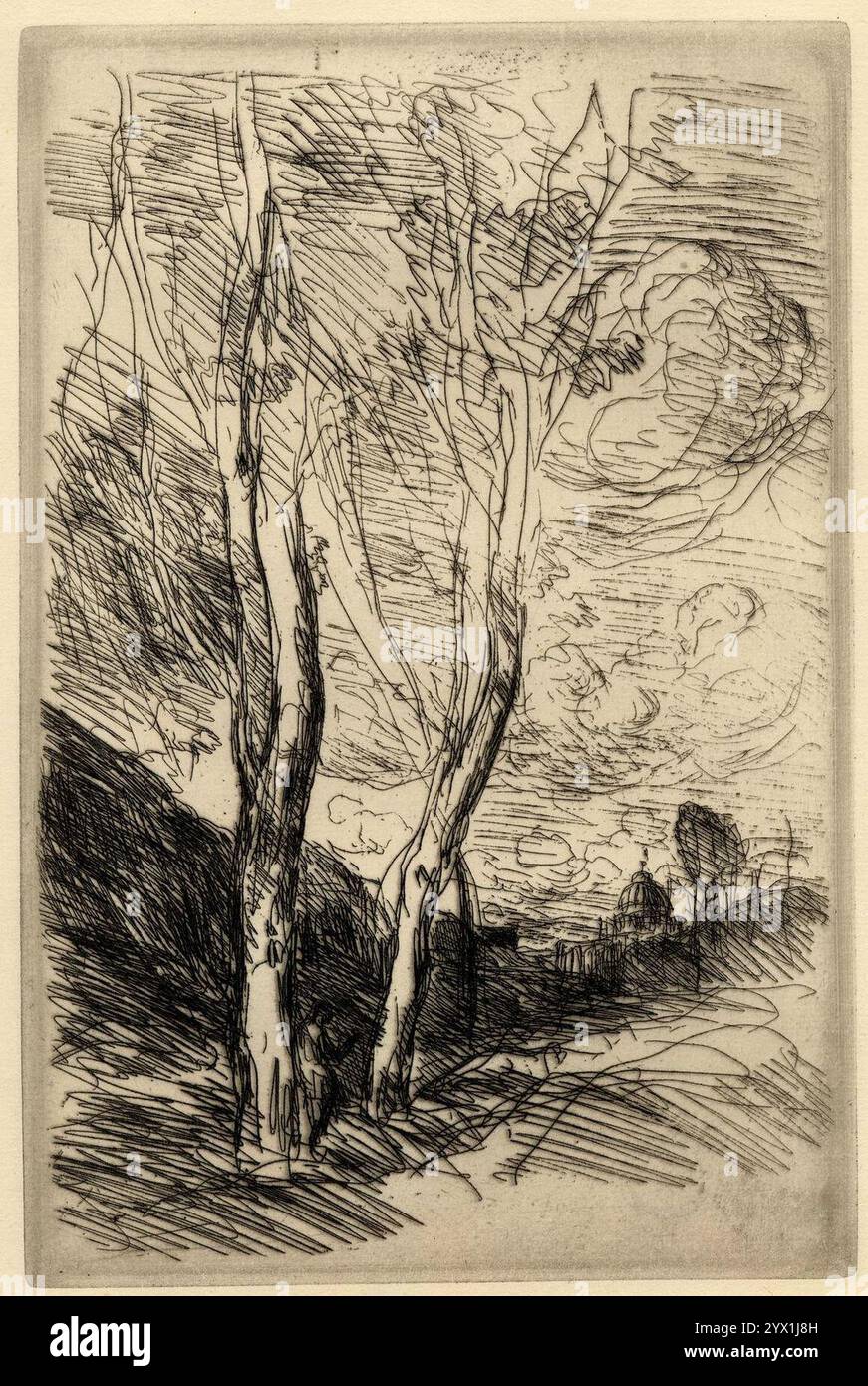 Corot - Tree in landscape with the Duomo visible beyond hills to right ...