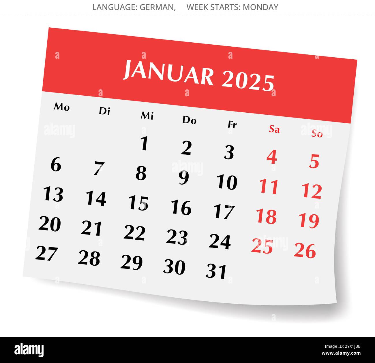 German calendar for January 2025. Vector illustration of a winter month ...