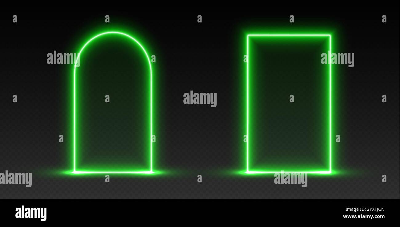 Neon door and arch, green glowing portal, futuristic gate, magic LED ...