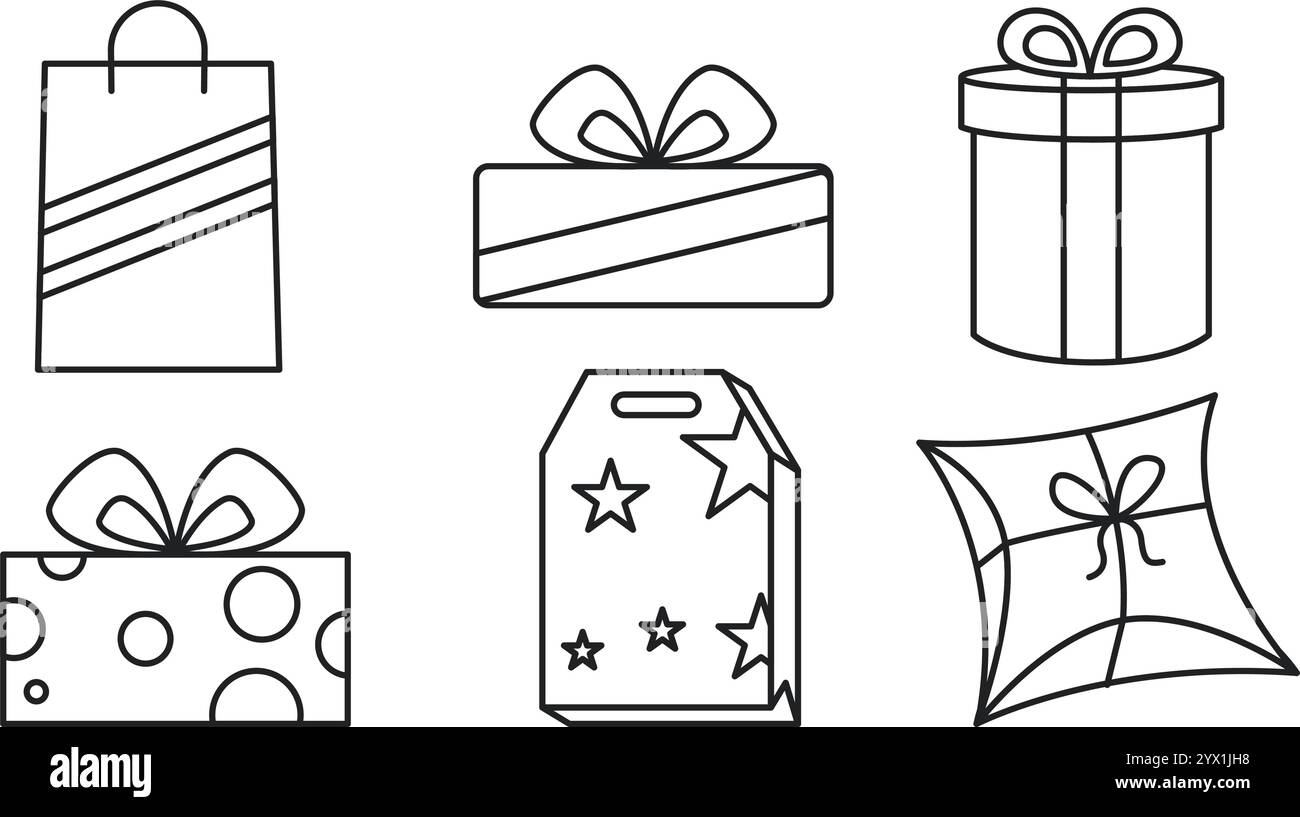 Black outline gift box variations in different styles Vector Stock ...