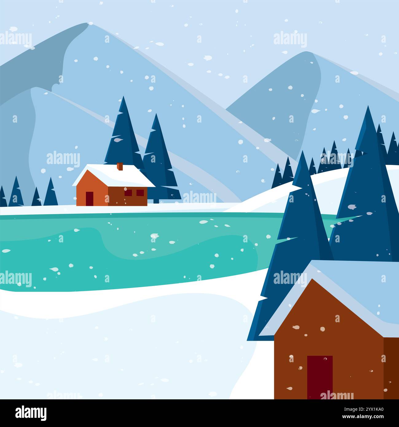 Snowy cabins by a frozen lake and pine forest Vector Stock Vector Image ...