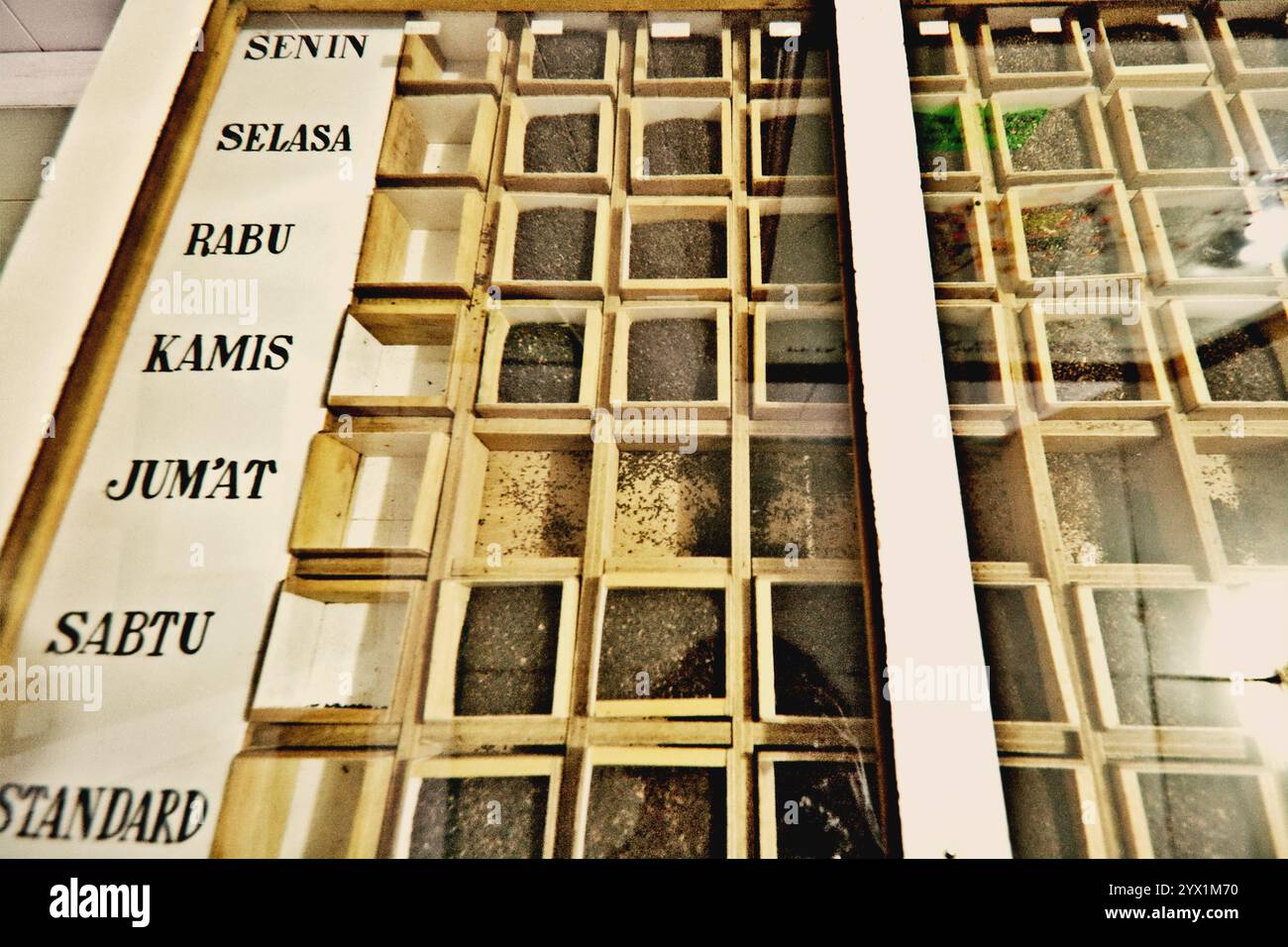 A panel with boxes for tea materials used in daily quality control at ...