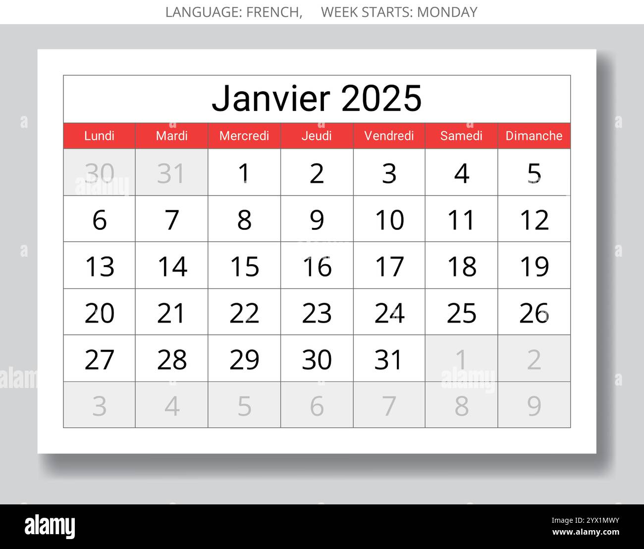 French calendar for January 2025. Vector illustration of a winter month ...