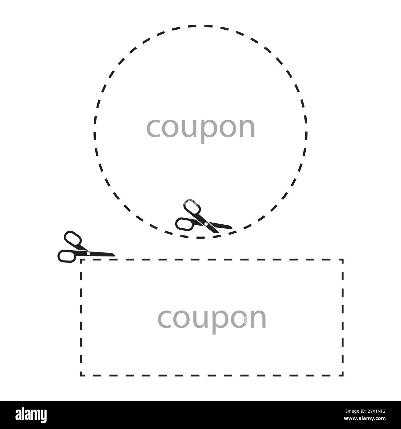 Coupon vector shapes. Dashed border scissors. Circular and rectangular ...