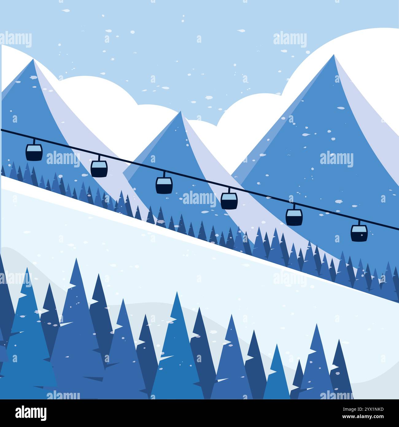 Snowy mountain slopes with cable cars and pine trees Vector Stock ...