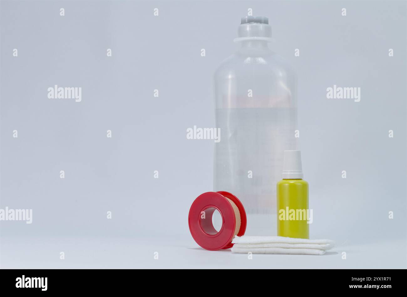 Medical Supplies Including Drip Water Bottle, Antiseptic drip, Tape and ...