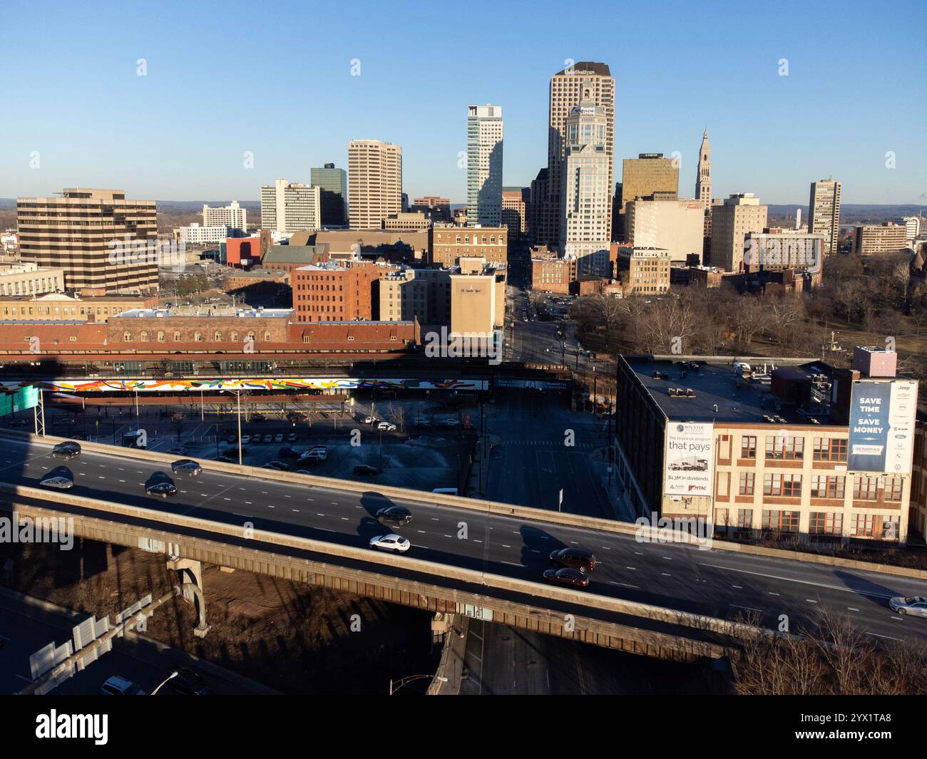 Aerial view of downtown skyline of Hartford Connecticut in winter under ...