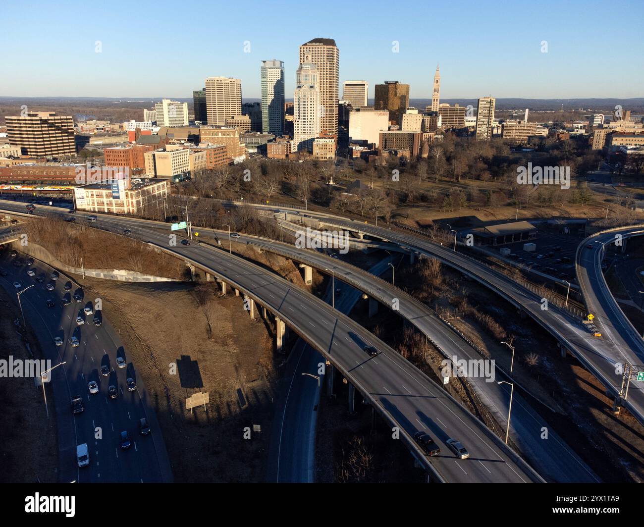 Aerial view of downtown skyline of Hartford Connecticut in winter under ...