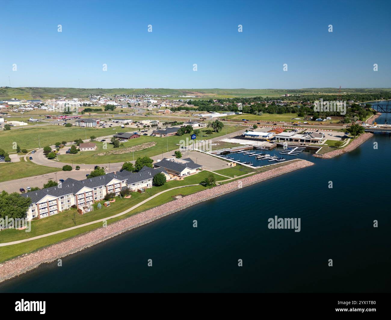 Aerial view of the town of Fort Pierre on the Missouri River in central ...