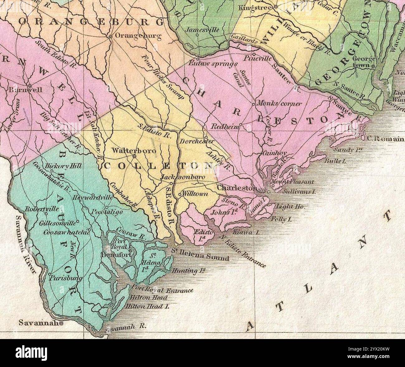 Counties Charleston, Colleton and Beaufort on 1827 Finley Map Stock ...