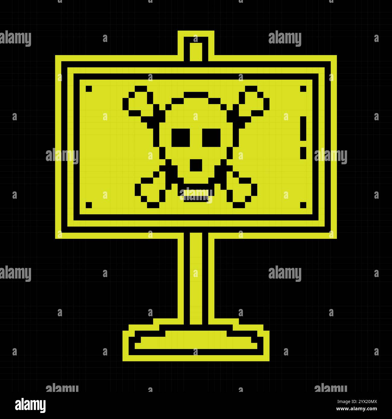 Pixel silhouette icon, sign plate with skull and crossbones. Hazard ...