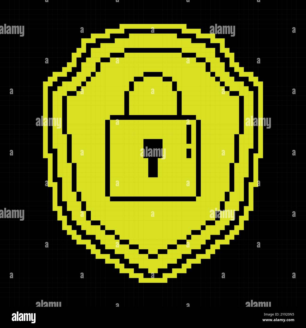 Pixel silhouette icon. Locked padlock on background of shield. Reliable ...