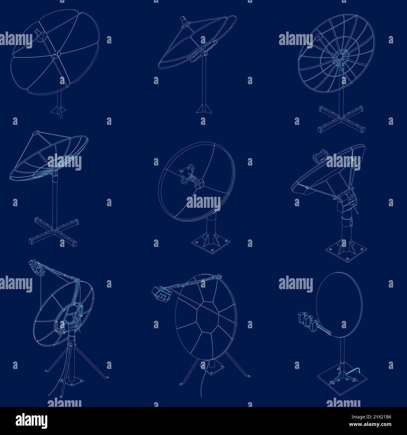 Blue contour satellite antenna silhouette set. Satellite dish global ...