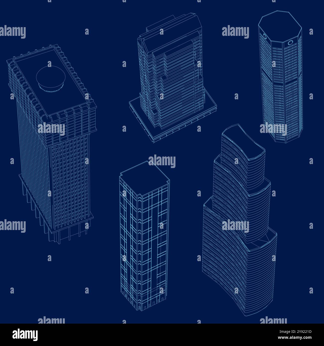 Contour set skyscrapers Office buildings on blue. Isometric view ...