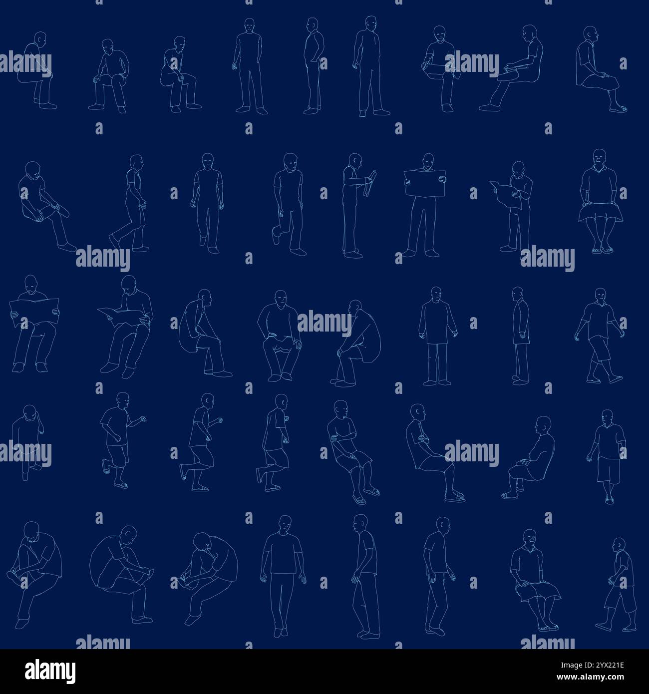 Set with people outlines in different positions from blue lines ...