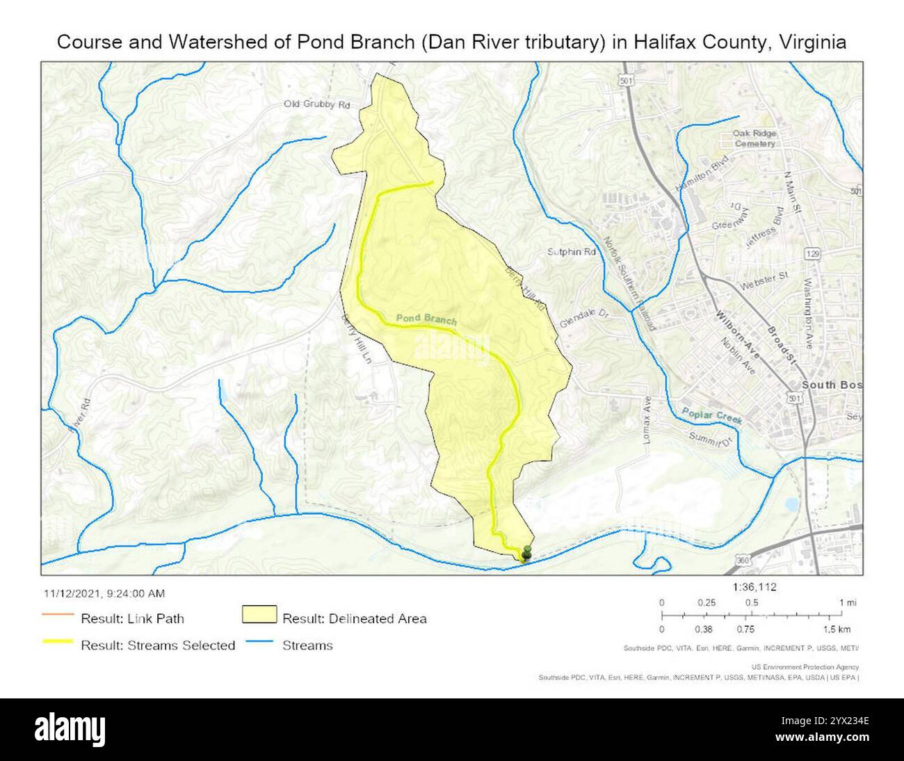 Course and Watershed of Pond Branch (Dan River tributary) in Halifax ...