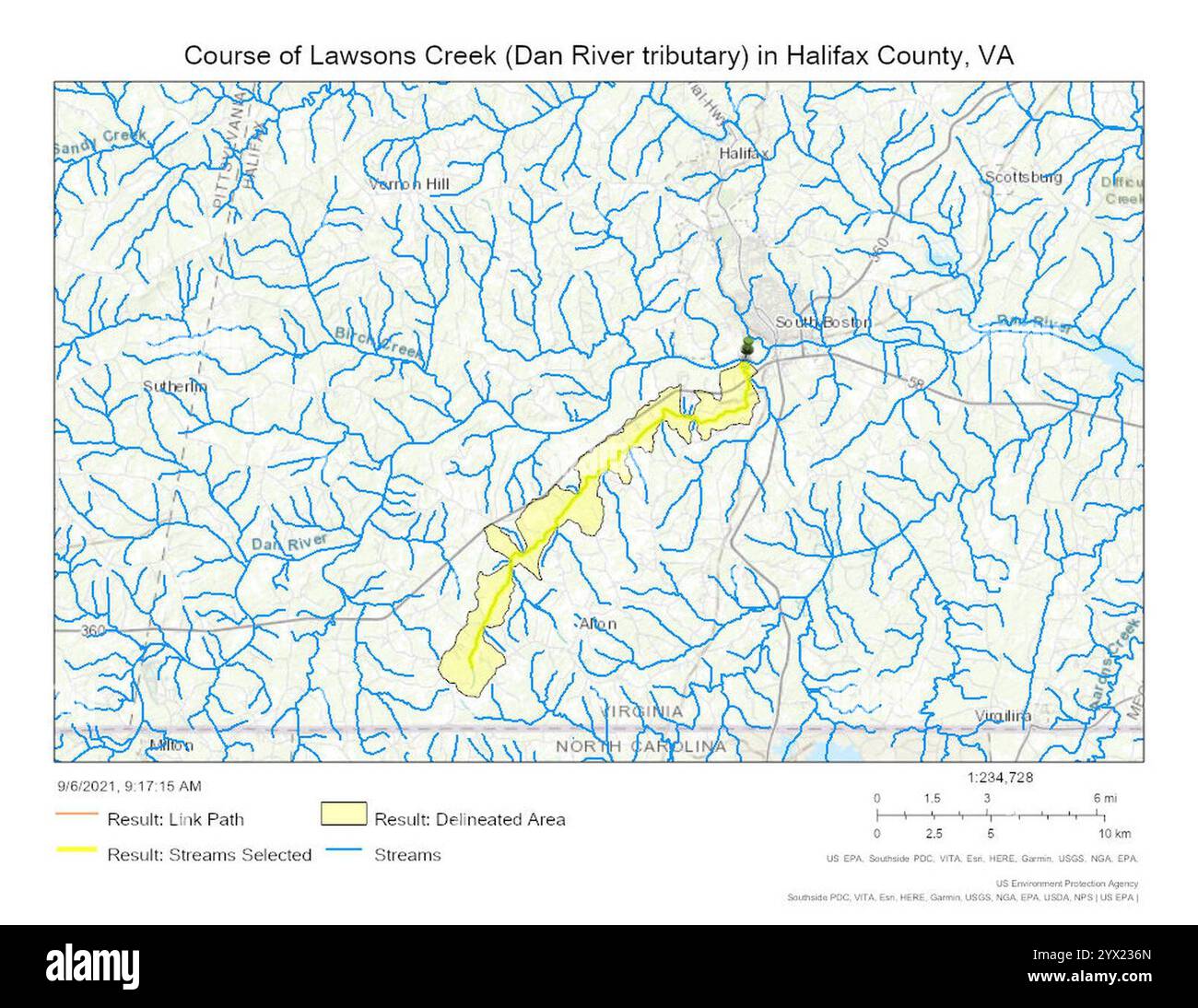 Course of Lawsons Creek (Dan River tributary) in Halifax County ...