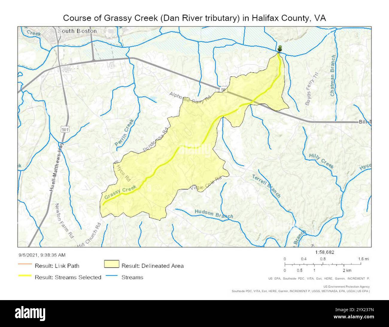 Course of Grassy Creek (Dan River tributary) in Halifax County ...