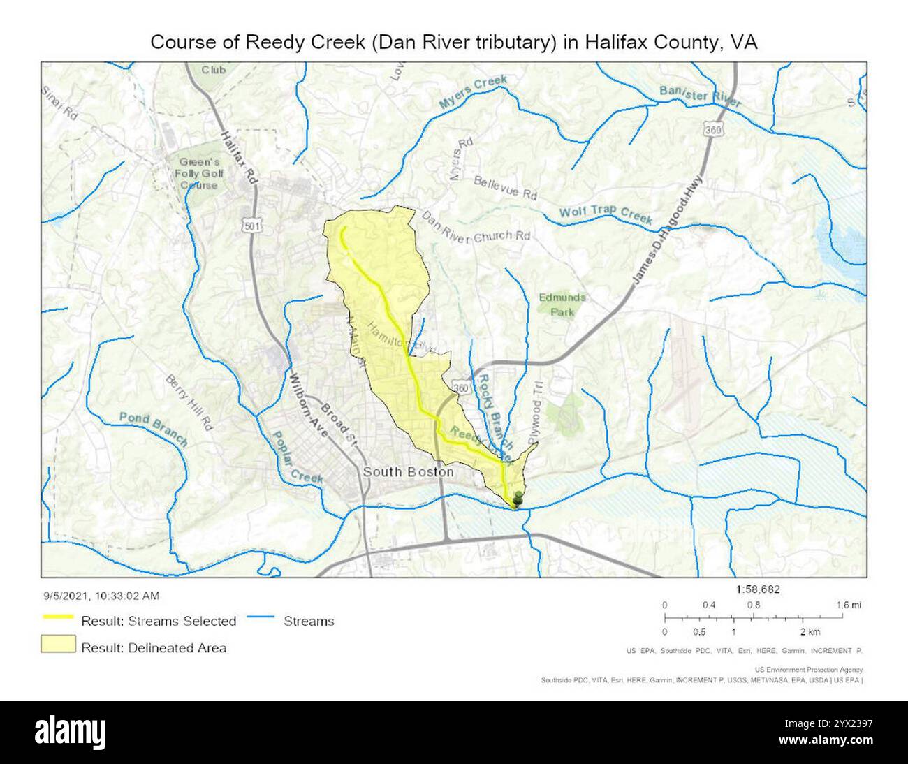 Course of Reedy Creek (Dan River tributary) in Halifax County, Virginia ...