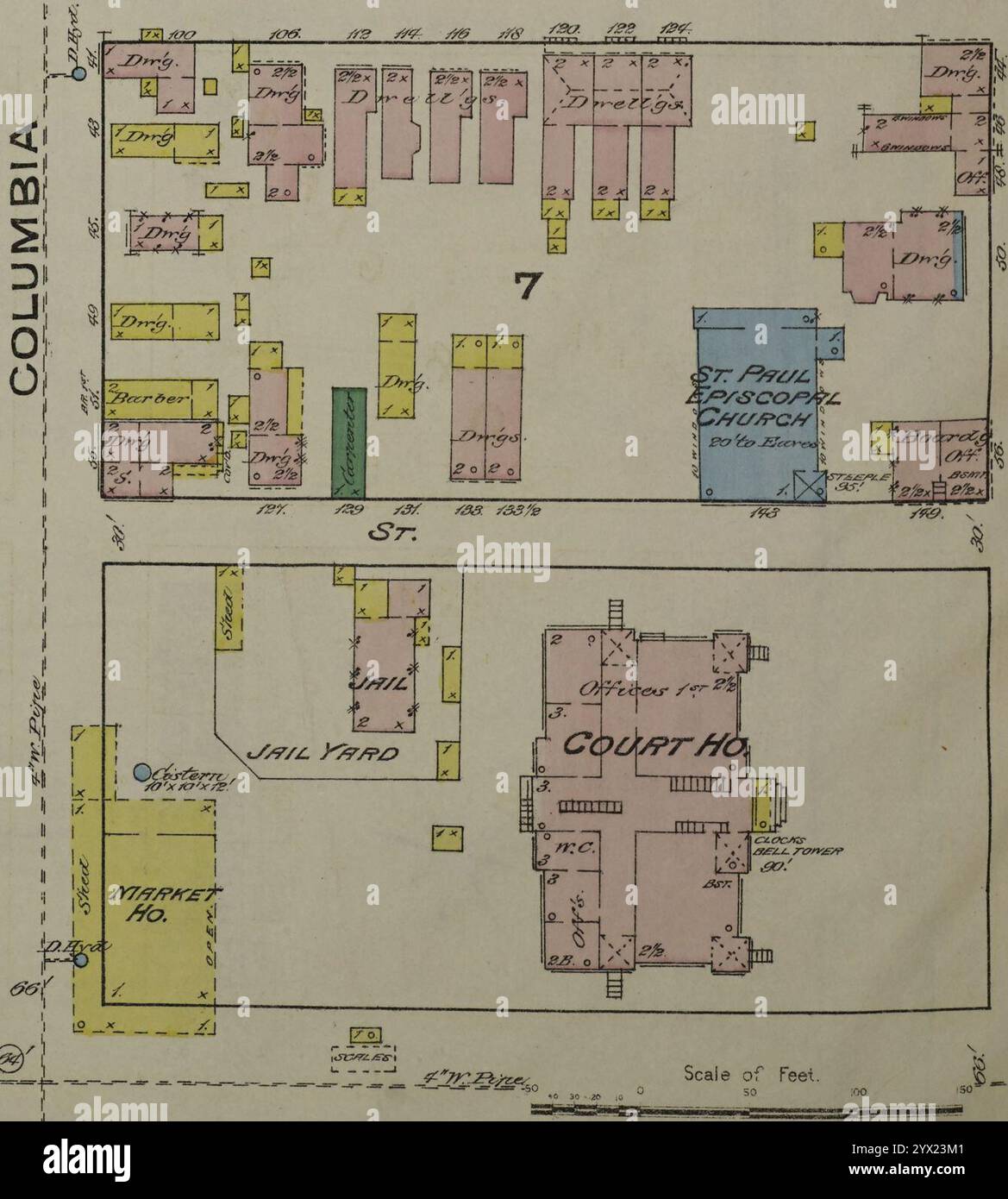 Courthouse, Jail, St. Paul Church and Market Hotel in 1886 map detail ...