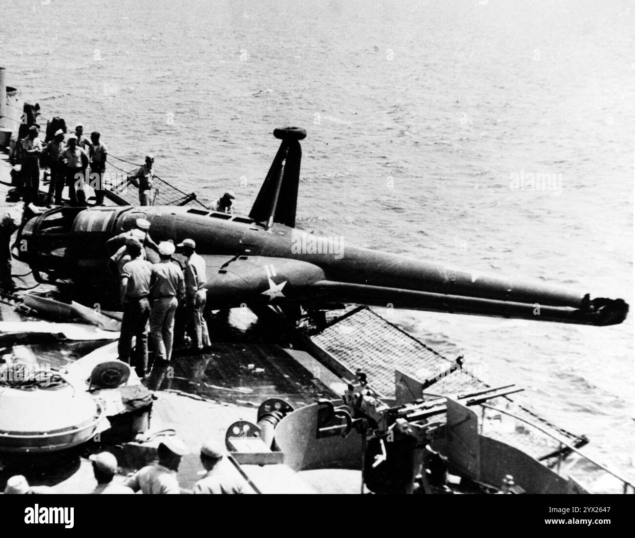 Crashed Sikorsky HO3S-1 aboard USS Los Angeles (CA-135), in 1951 Stock ...