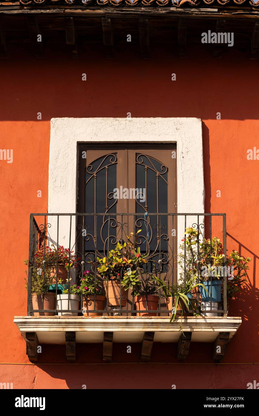 Wrought iron balcony and historic window façade in central Jiquilpan ...