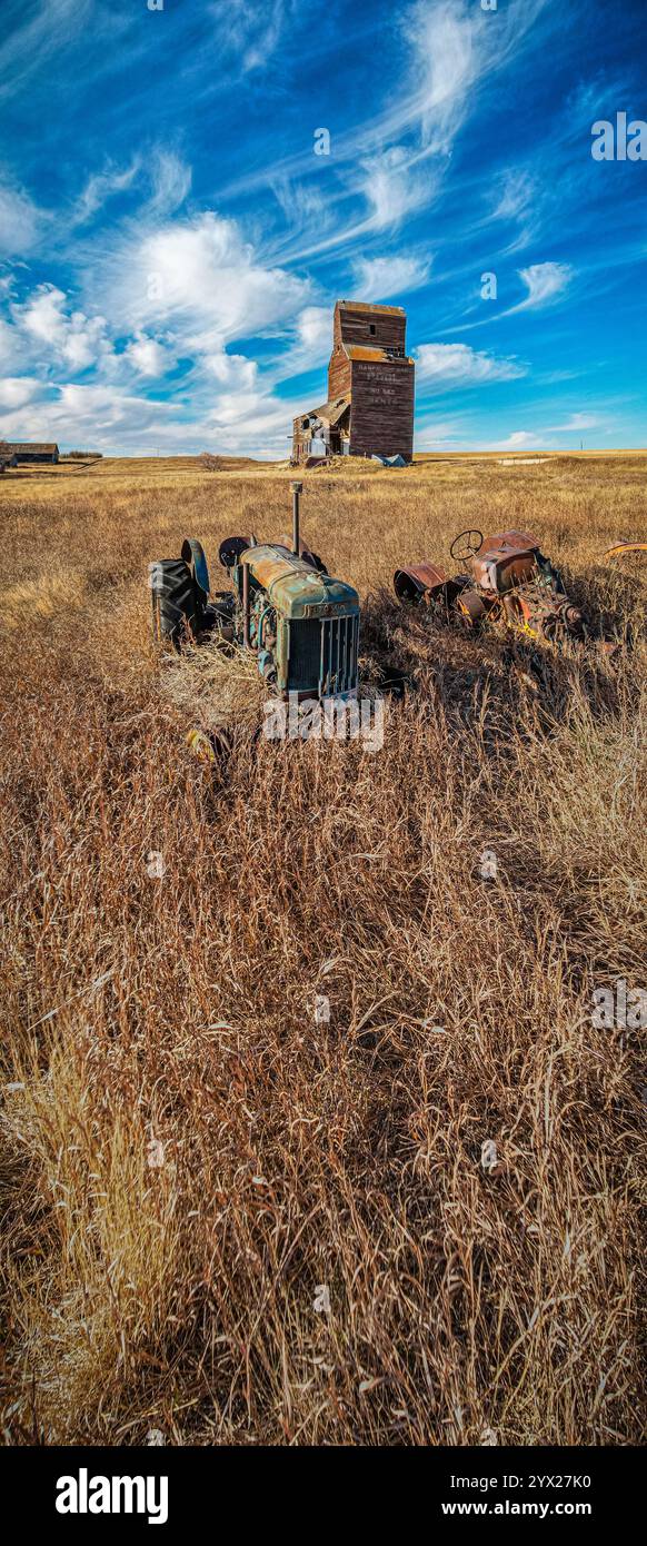 A tractor is sitting in a field of tall grass. The tractor is old and ...